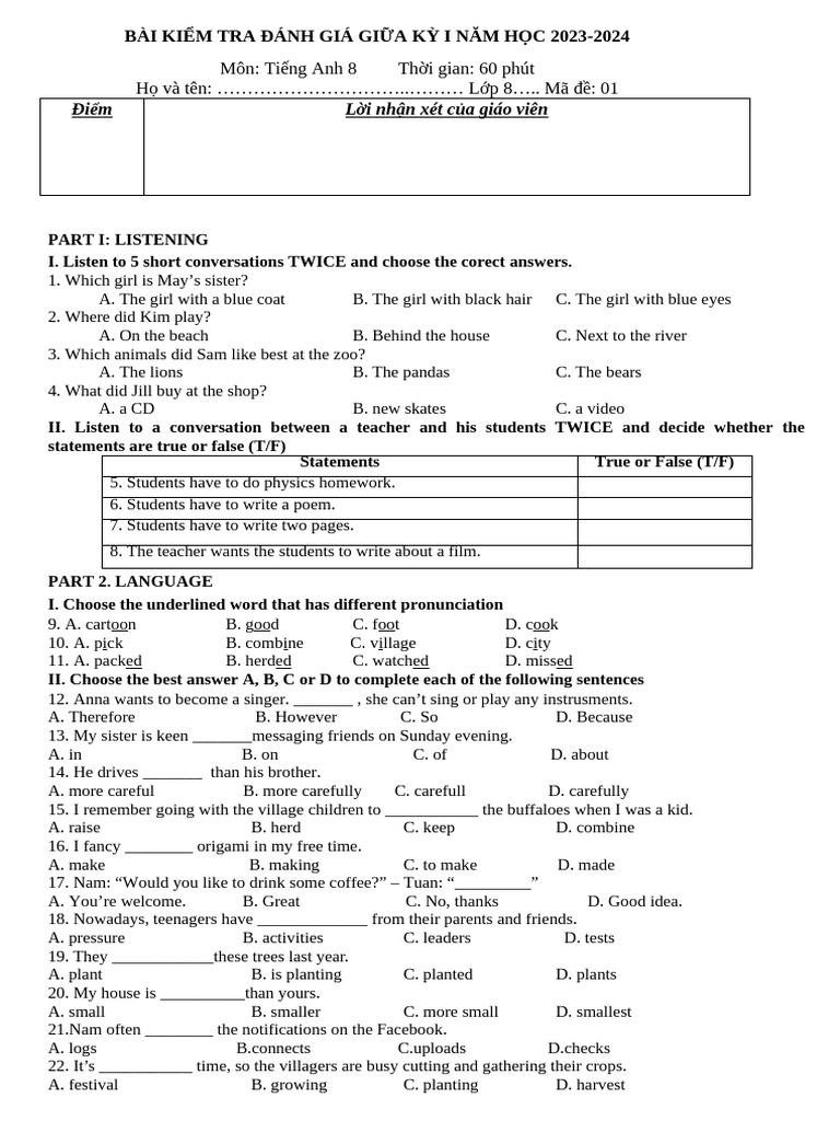 Anh 8 Gi A Hki - MĐ 01 | PDF