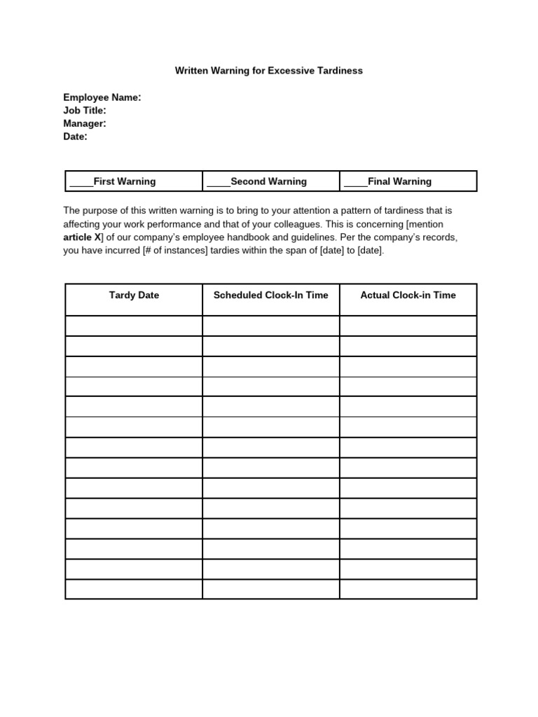 WORD Written Warning For Excessive Tardiness | PDF