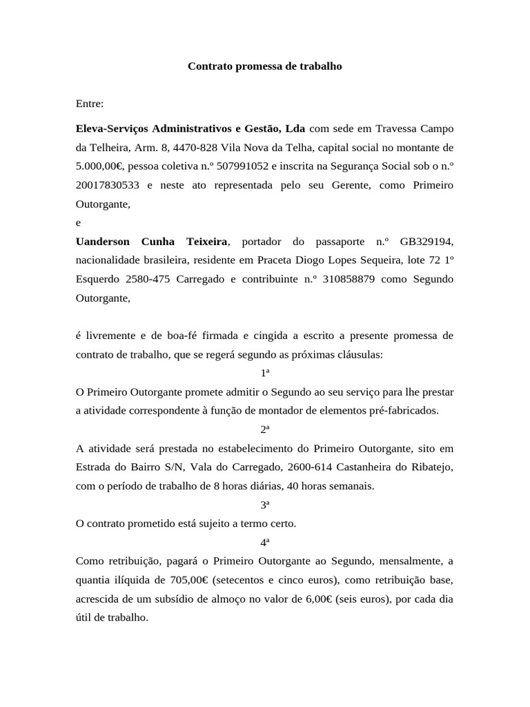 Modelo_Contrato Promessa de Trabalho | PDF