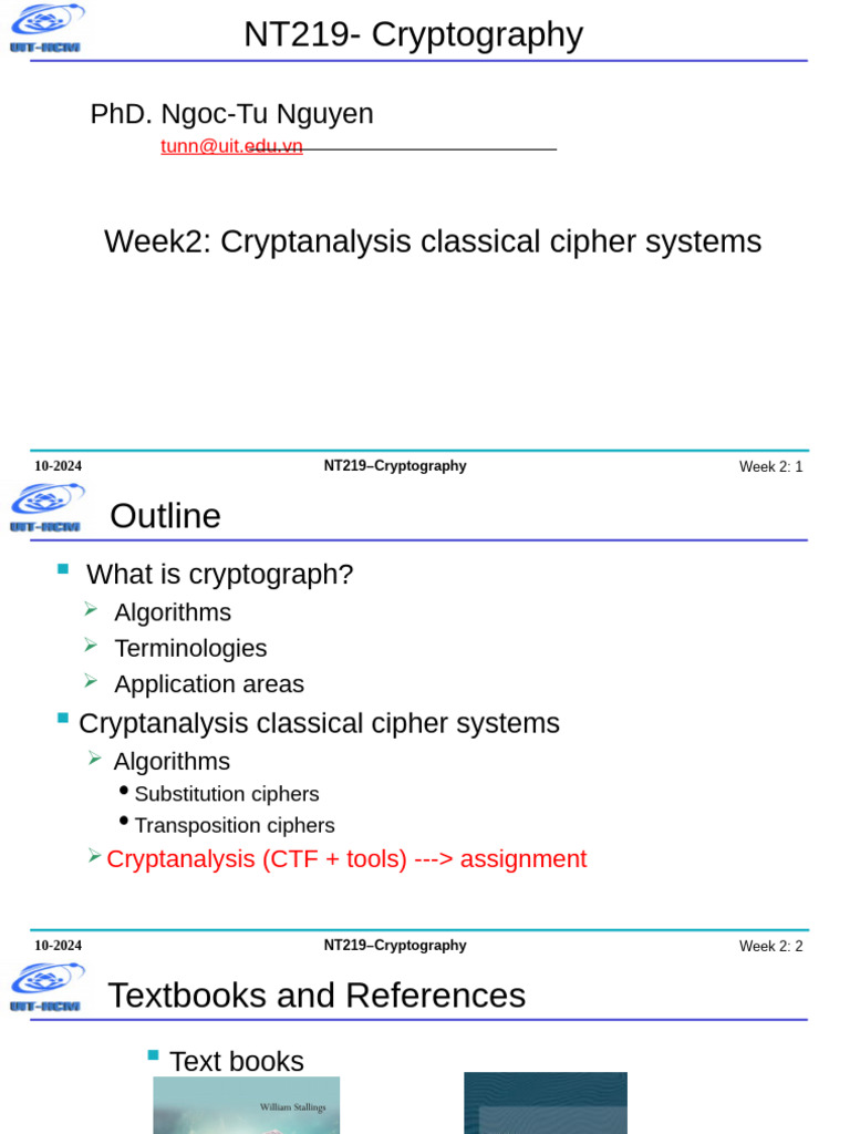 Week02 - Cryptanalysis Classical Cipher Systems | PDF | Cryptography | Cipher