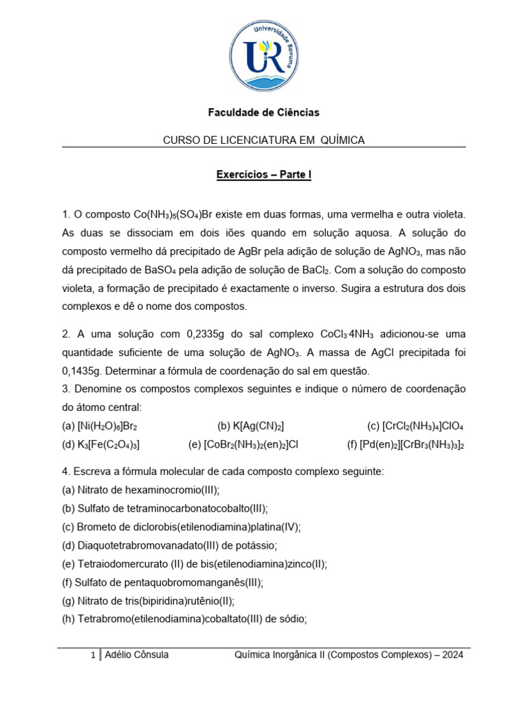 Compostos Complexos - Exercicios - Parte I - 2 | PDF