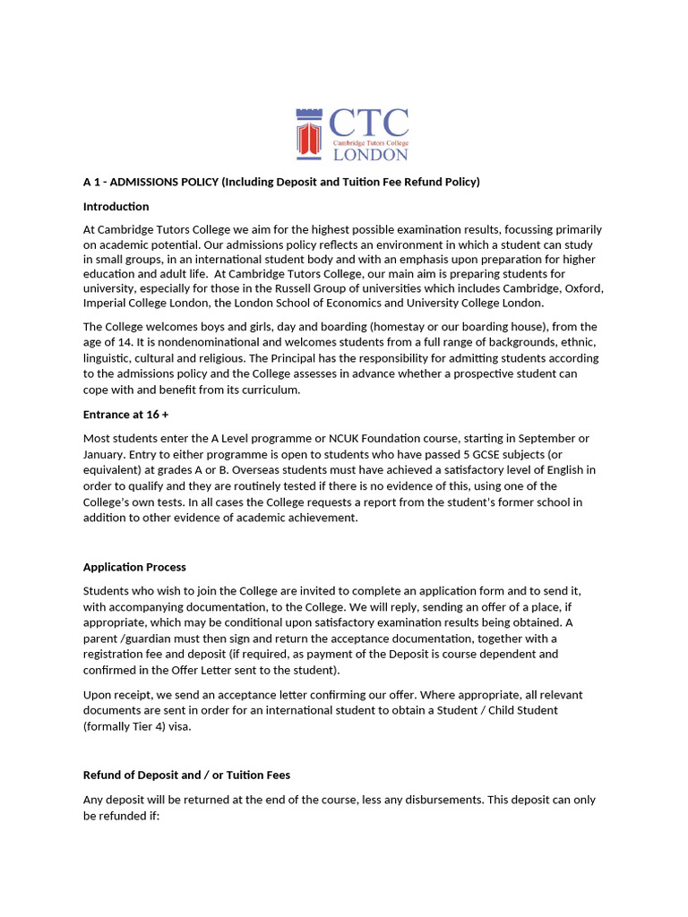 Admissions Policy (Including Deposit and Tuition Fee Refunds) 2024 25 ...