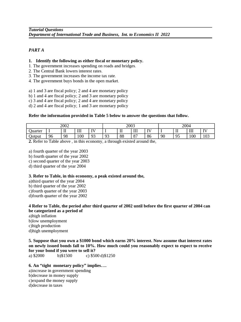Economics II Tutorial Questions | PDF | Fiscal Policy | Economics