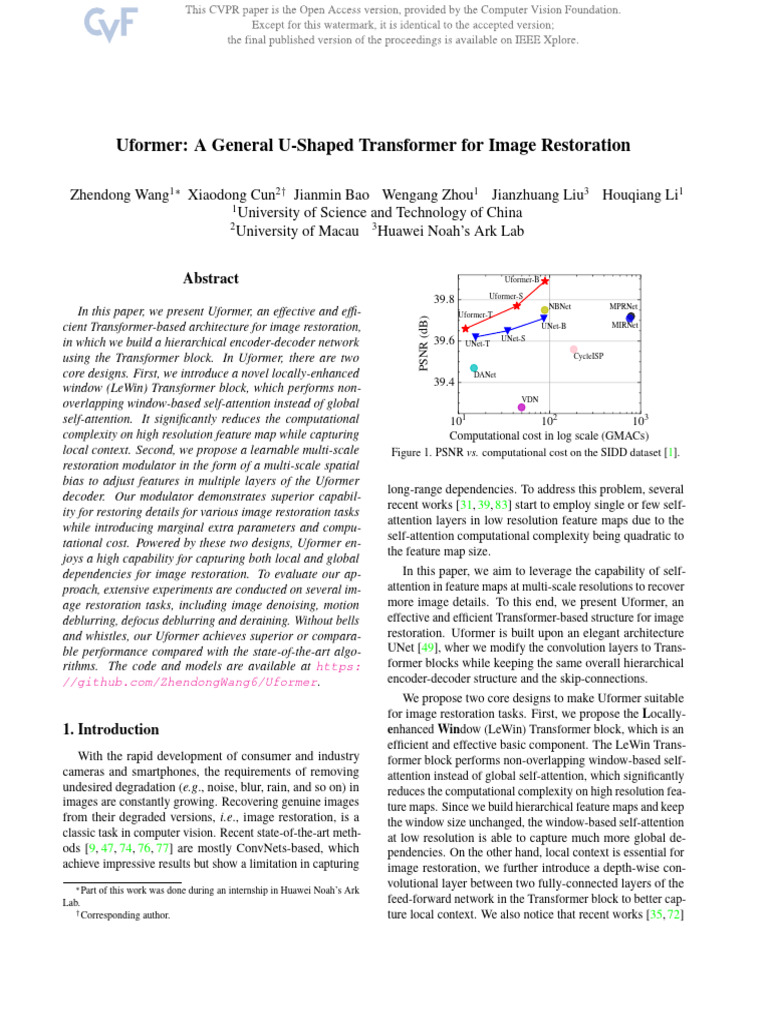 Wang Uformer A General U-Shaped Transformer For Image Restoration CVPR 2022 Paper | PDF ...