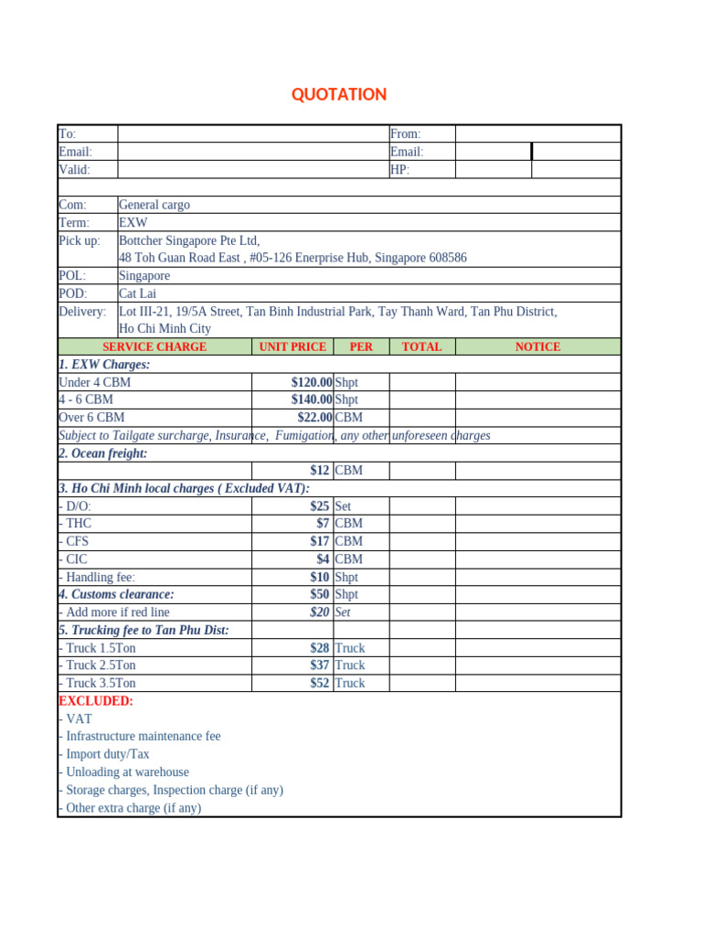 LCL Shipping Quotation for Singapore | PDF