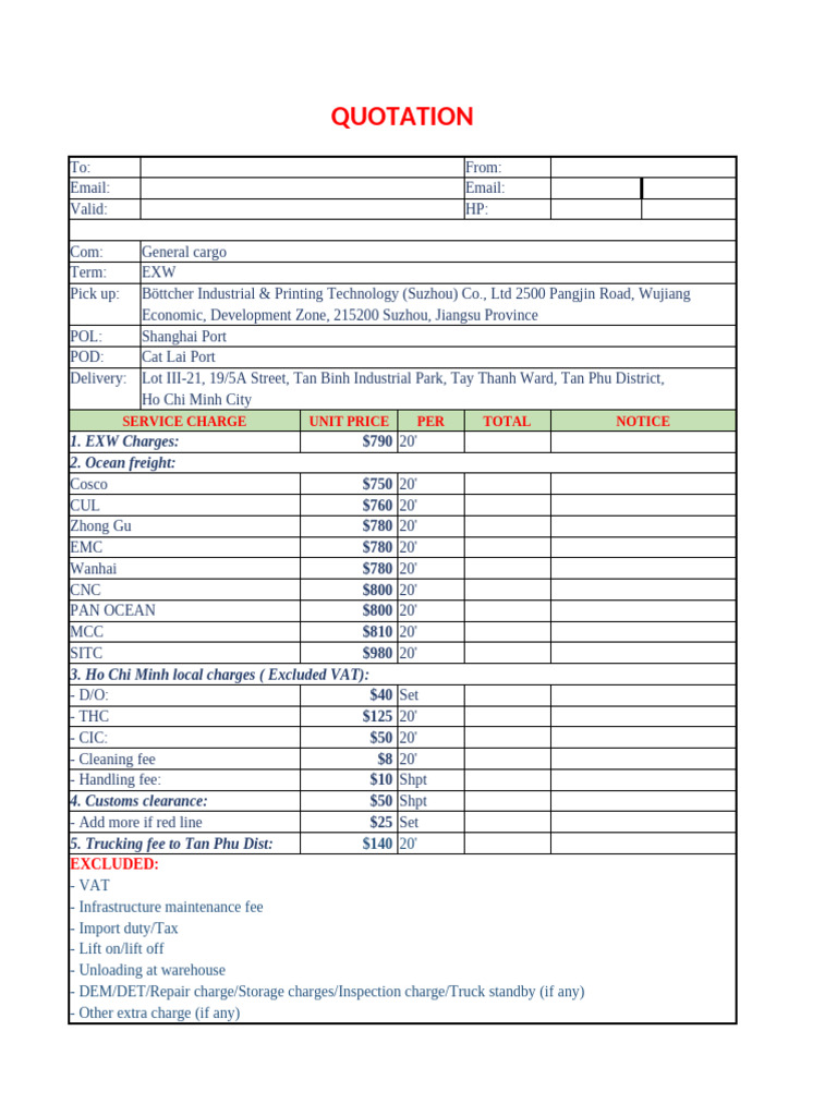 Quotation for Shipping Services | PDF