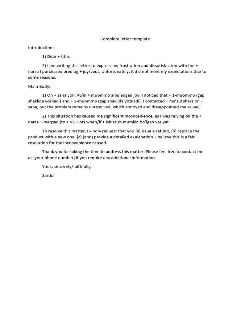 Complaint Letter Template | PDF | Restaurants | Occupational Safety And ...