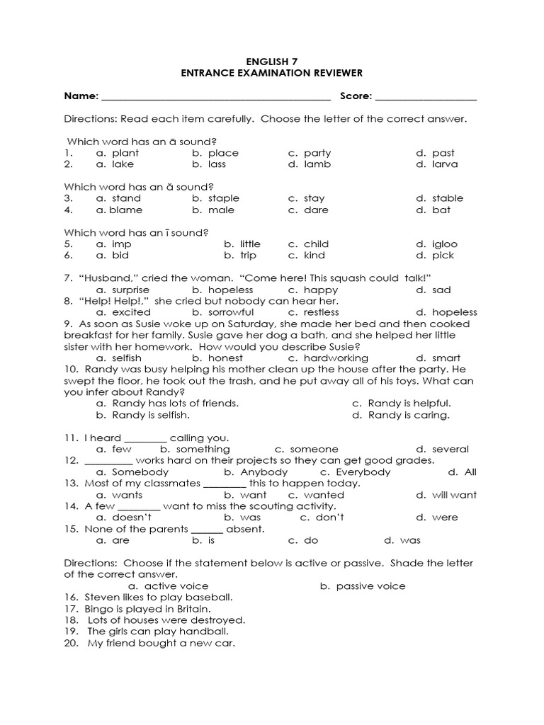English 7 Entrance Exam Reviewer | PDF