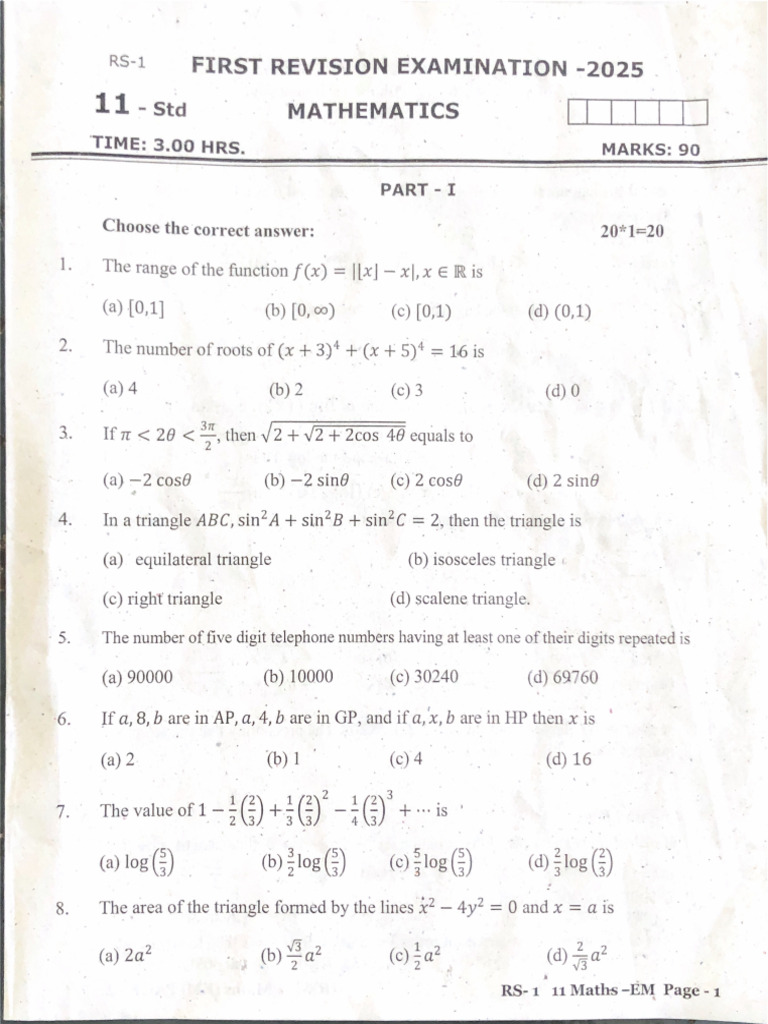 11th Maths 1st Revision Exam 2025 Original Question Paper Krishnagiri ...