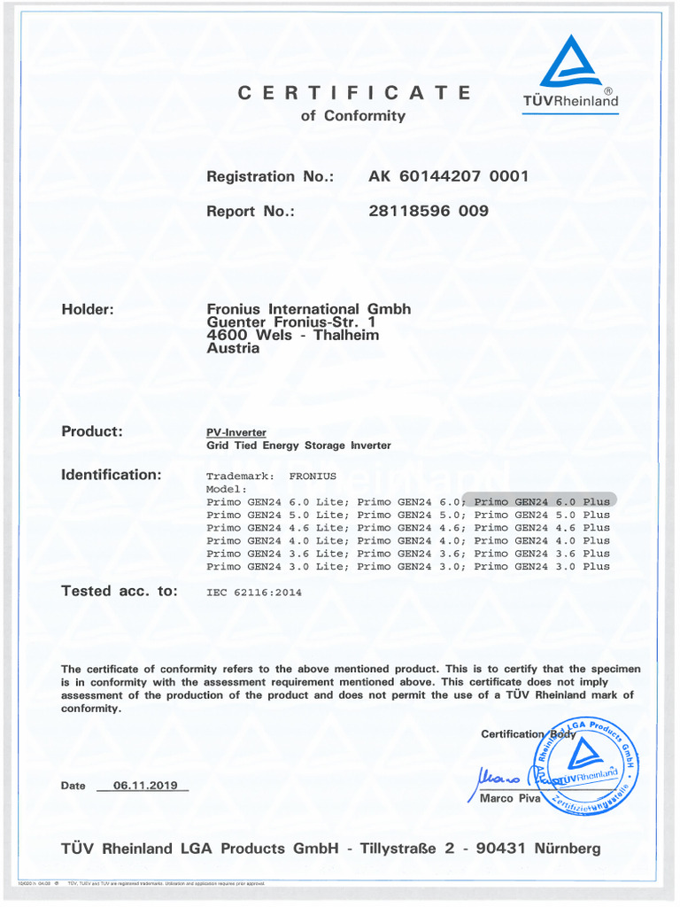 SE CER Conformity IEC 62116 Fronius Primo GEN24 en | PDF