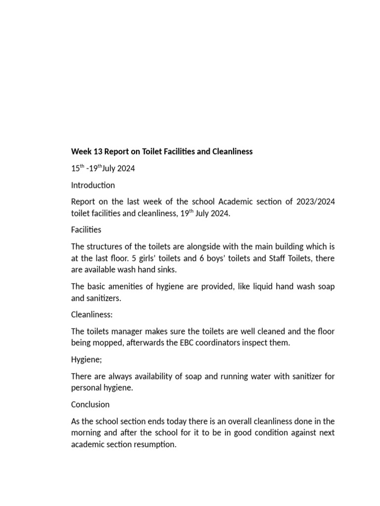 Week 13 Report on Toilet Facilities and Cleanliness EDITED | PDF