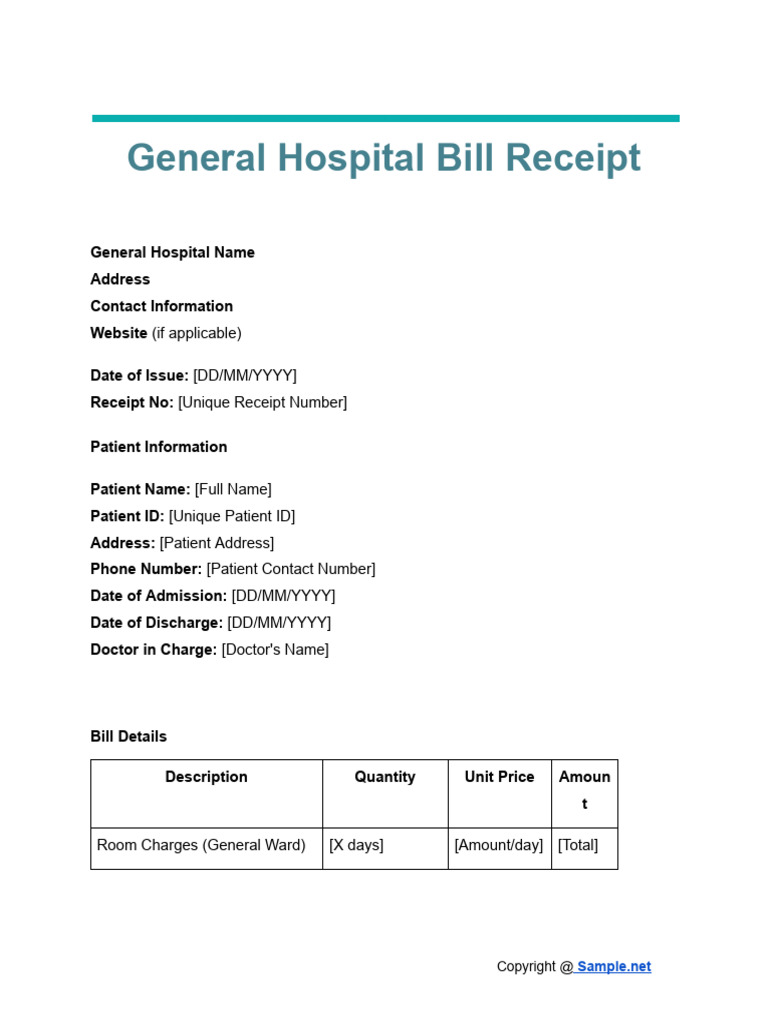 General Hospital Bill Receipt Template | PDF