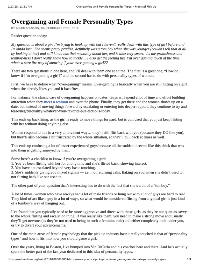 Overgaming and Female Personality Types Practical Pick Up | PDF