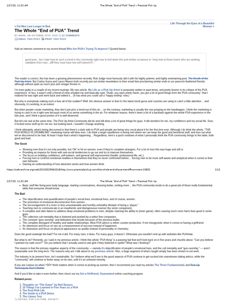 The Whole "End of PUA" Trend Practical Pick Up | PDF | Thought
