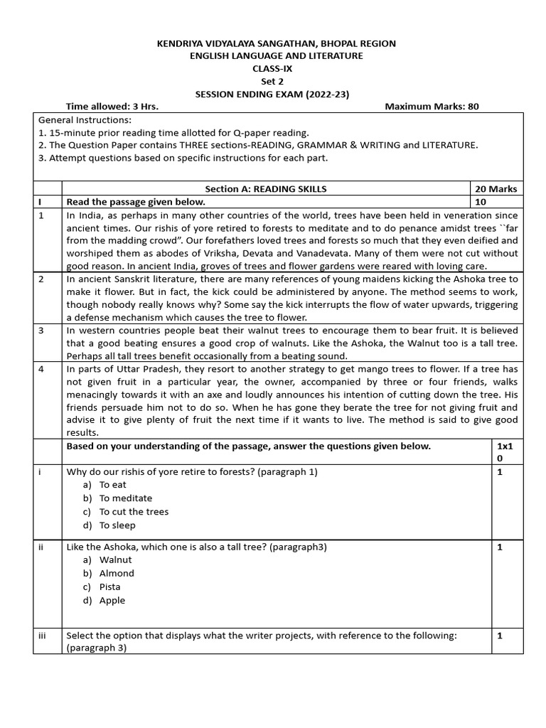 Class IX English Exam Paper 2022-23 | PDF