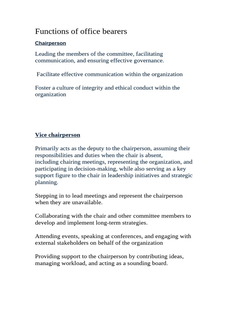 Roles and Responsibilities of Office Bearers | PDF