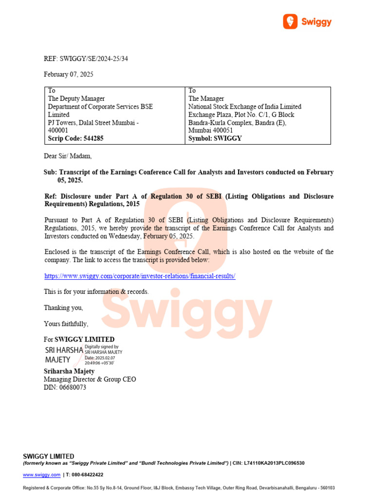 Swiggy Q3 FY25 Concall Transcript | PDF | Expense | Marketing