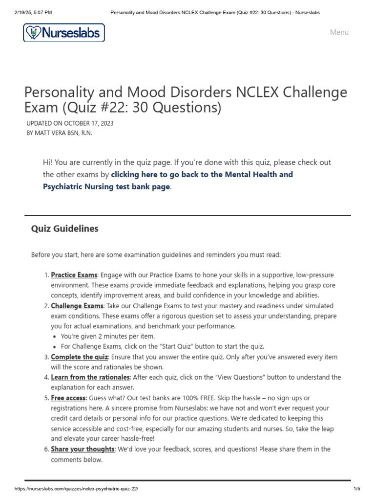 NCLEX Quiz on Mood Disorders | PDF | National Council Licensure ...
