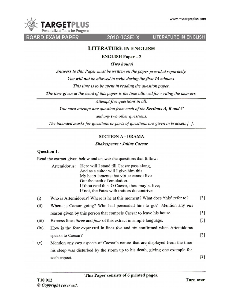 2010 ICSE X English Literature Exam | PDF