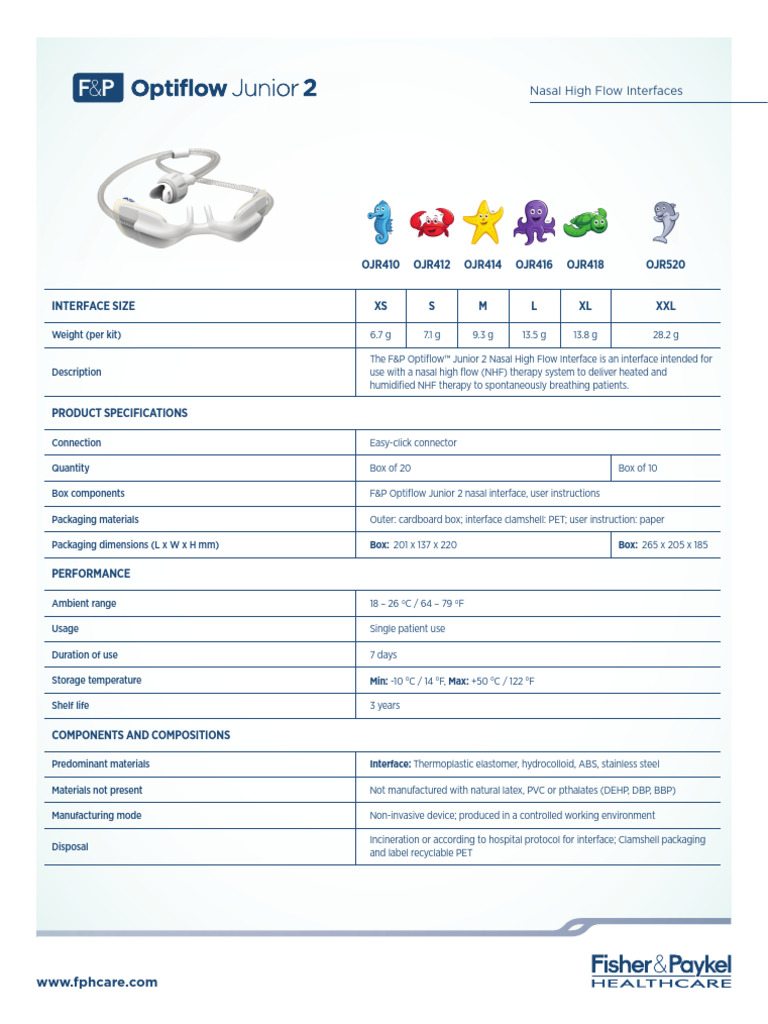 Optiflow Junior2 Specification Sheet With MR850, Airvo2 and 950 | PDF ...