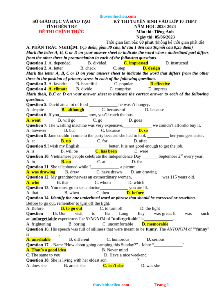 Bến Tre 2023 English Exam for Grade 10 | PDF | Linguistics
