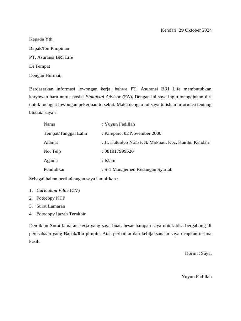 Surat Lamaran KRJ Yuyun | PDF