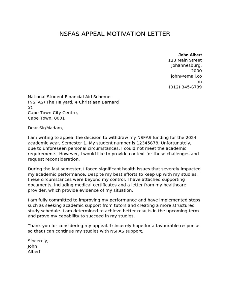 NSFAS Appeal Motivation Letter 2024 | PDF