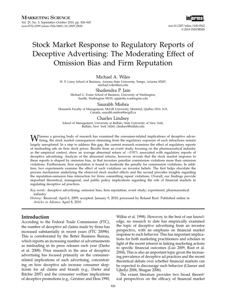 Stock Market Response To Regulatory Reports of Deceptive Advertising ...