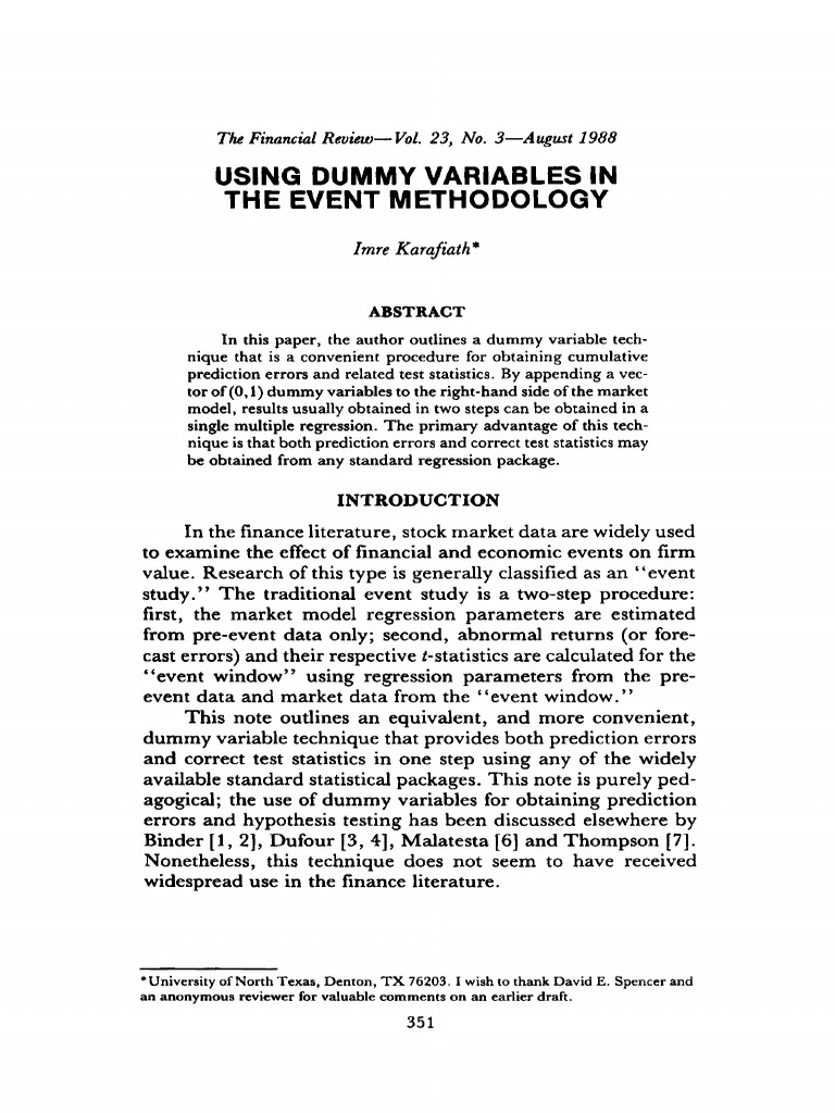 USING DUMMY VARIABLES IN THE EVENT METHODOLOGY Imre Karafiath | PDF | Errors And Residuals ...