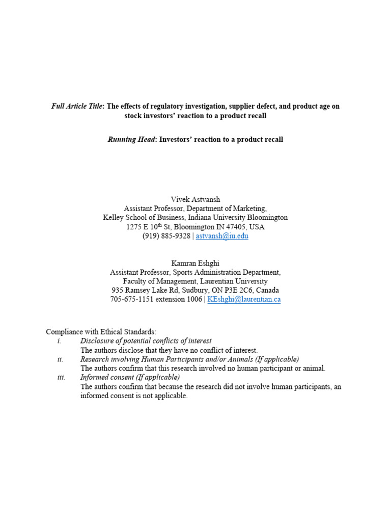 The Effects of Regulatory Investigation, Supplier Defect, and Product ...