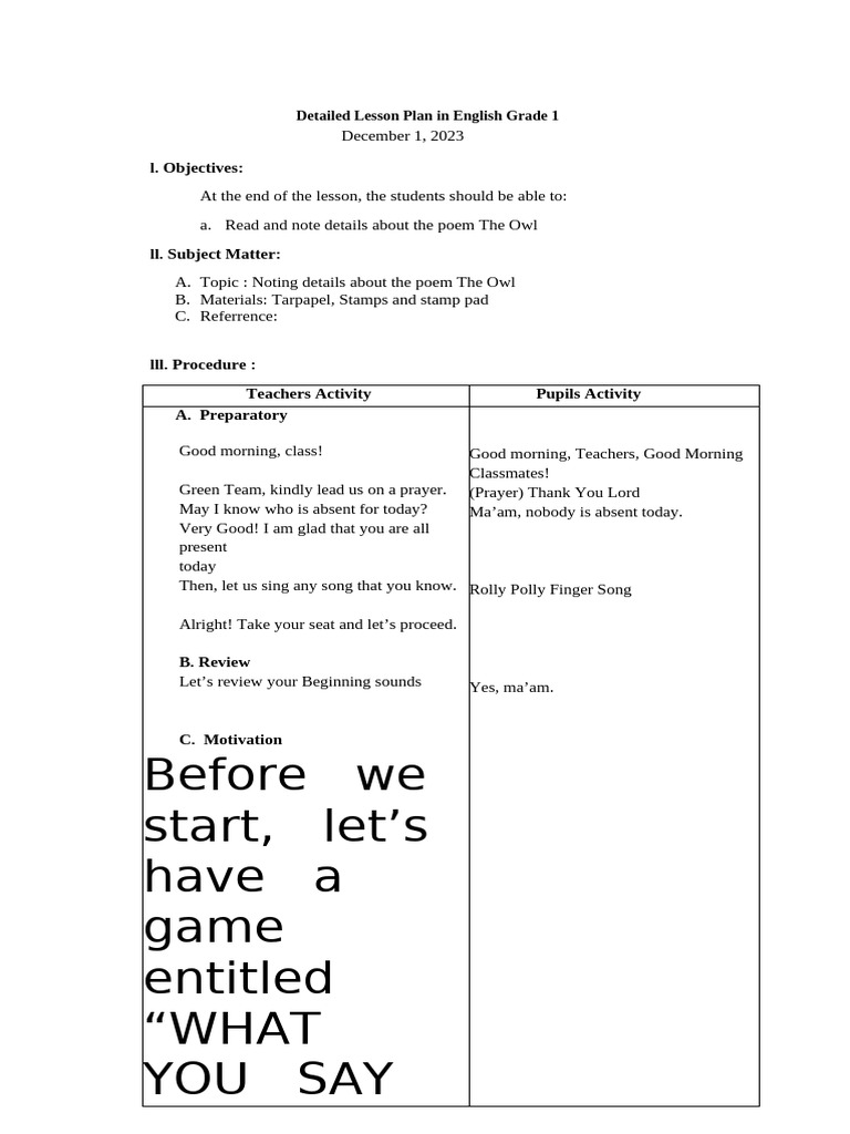 Lesson Plan The Owl - Grade 1 | PDF