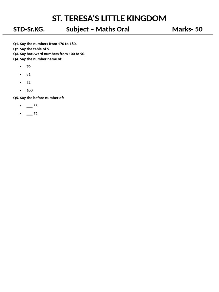 Maths Oral Assessment for Sr.KG Students | PDF