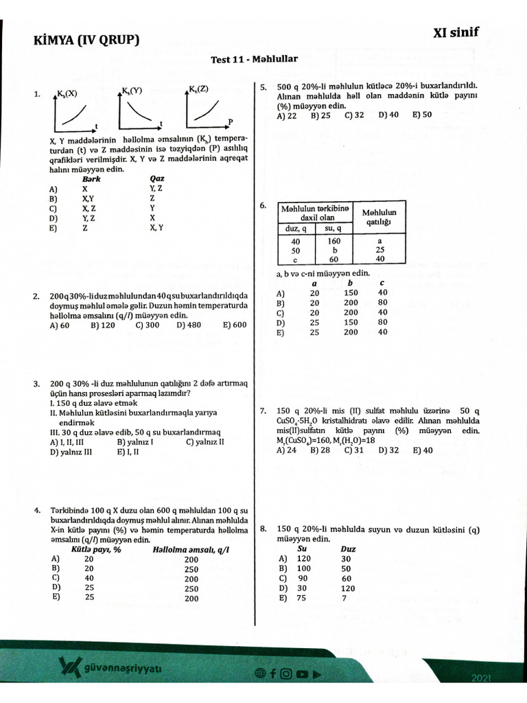 4-cü qrup. Quiz 11. Məhlullar. | PDF