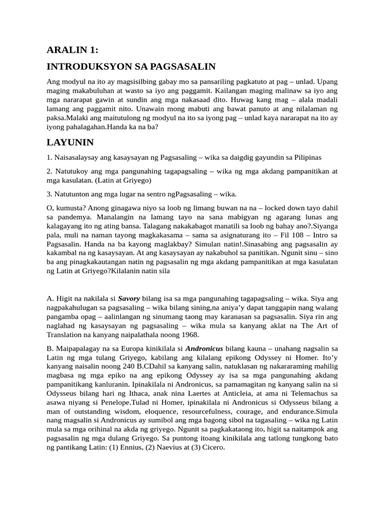 ARALIN 1 (INTRODUKSYON SA PAGSASALIN) | PDF