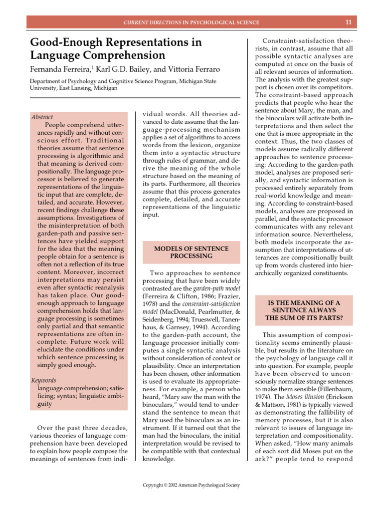 FERREIRA, FERNANDA Et Al. (2002) - Good-Enough Representations in Language Comprehension | PDF ...
