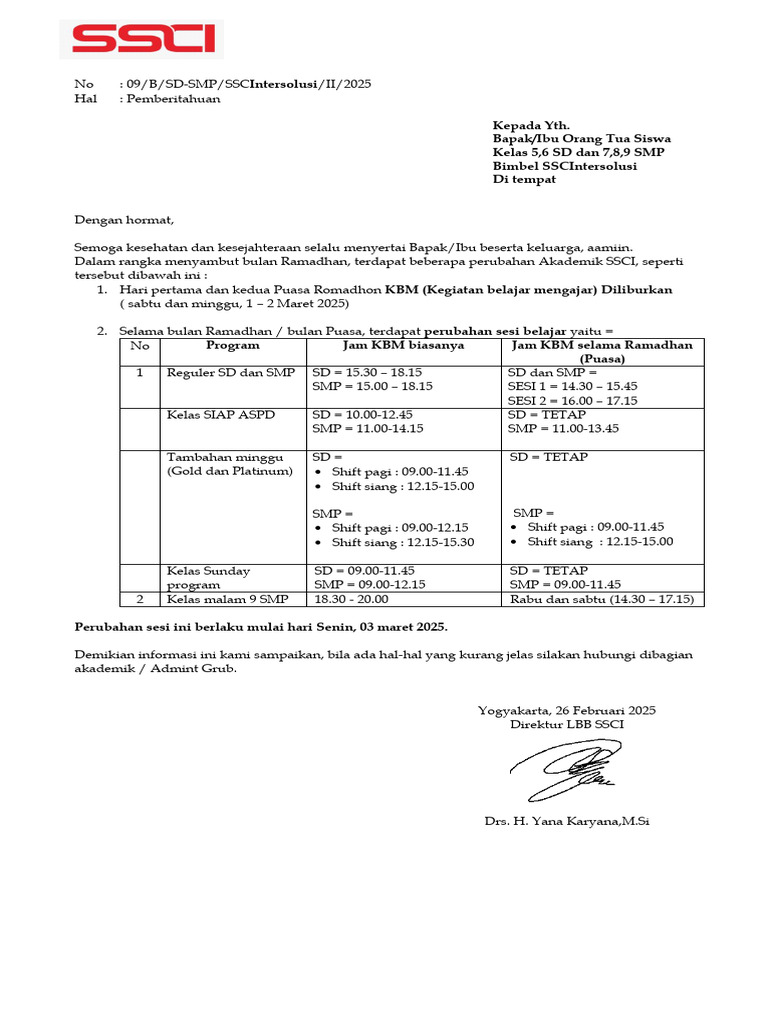 Jadwal Baru Bimbel SSCI Selama Ramadhan | PDF