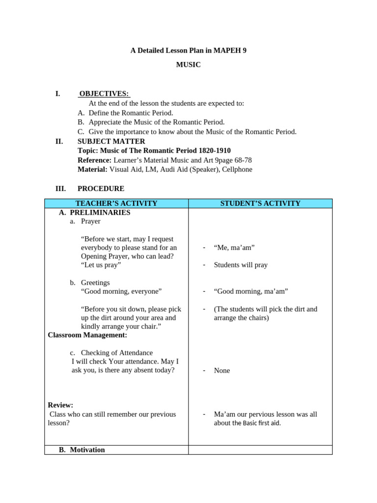 MAPEH 9 Lesson Plan: Romantic Music | PDF | Opus Number | Music