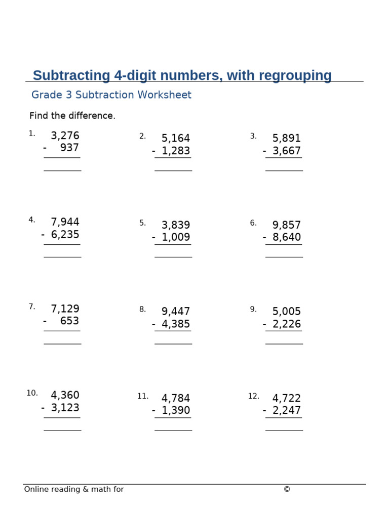 Grade 3 Subtract 4 Digit Numbers With Regrouping F | PDF
