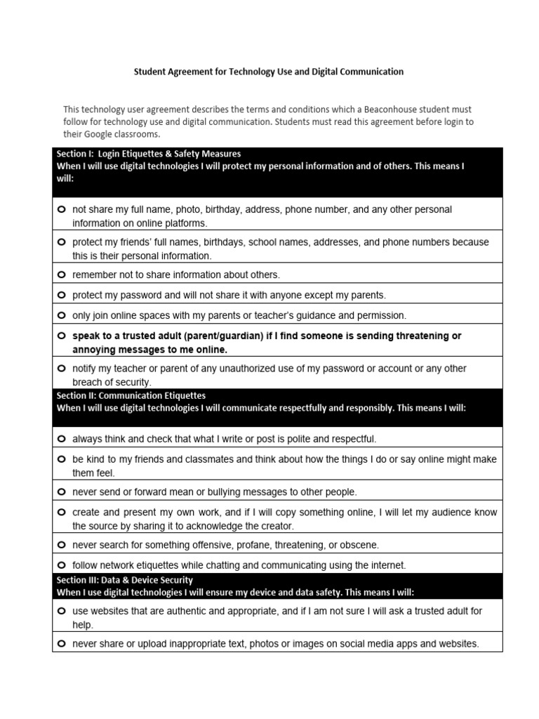 Student Agreement For Technology Use and Digital Communication | PDF ...