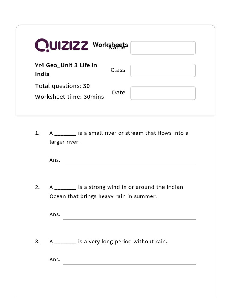 Yr4 Geo - Unit 3 Life in India - Quizizz | PDF | Slum | River