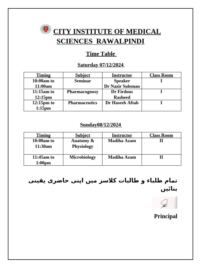 CIMS TIME TABLE WEEKLY | PDF