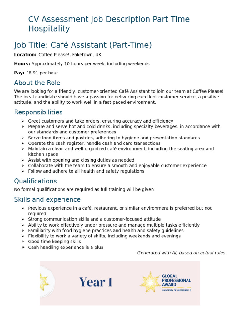 Part-Time Café Assistant Job Description | PDF