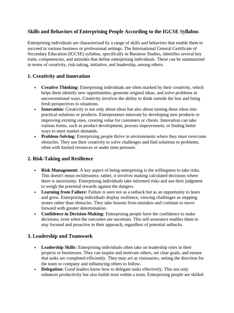 Skills and Behaviours of Enterprising People | PDF | Creativity ...