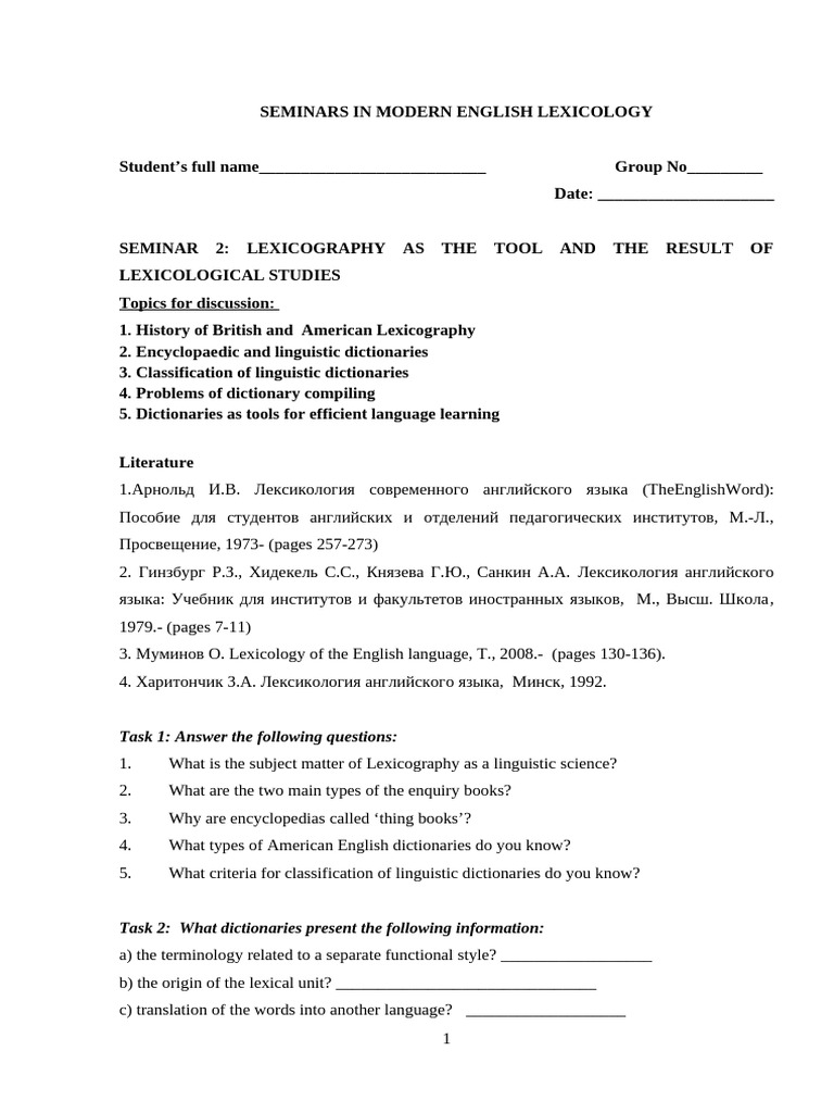 Lexicology Seminar 2 - Lexicography | PDF | Dictionary | Lexicography