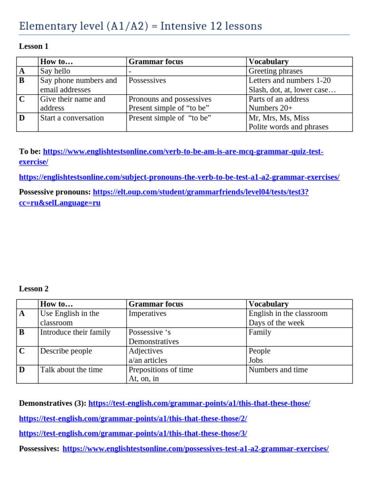 A1/A2 English Intensive Course Outline | PDF | Adverb | Adjective