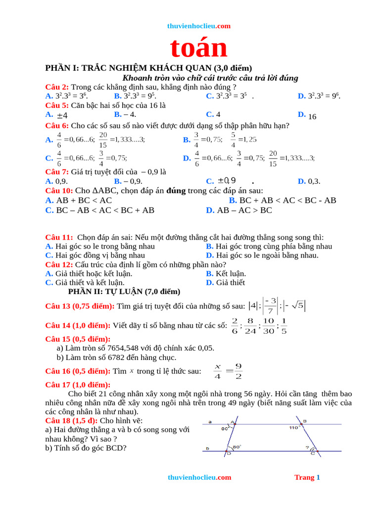 tài liệu TỔNG HỢP lớp 7 HK1 | PDF