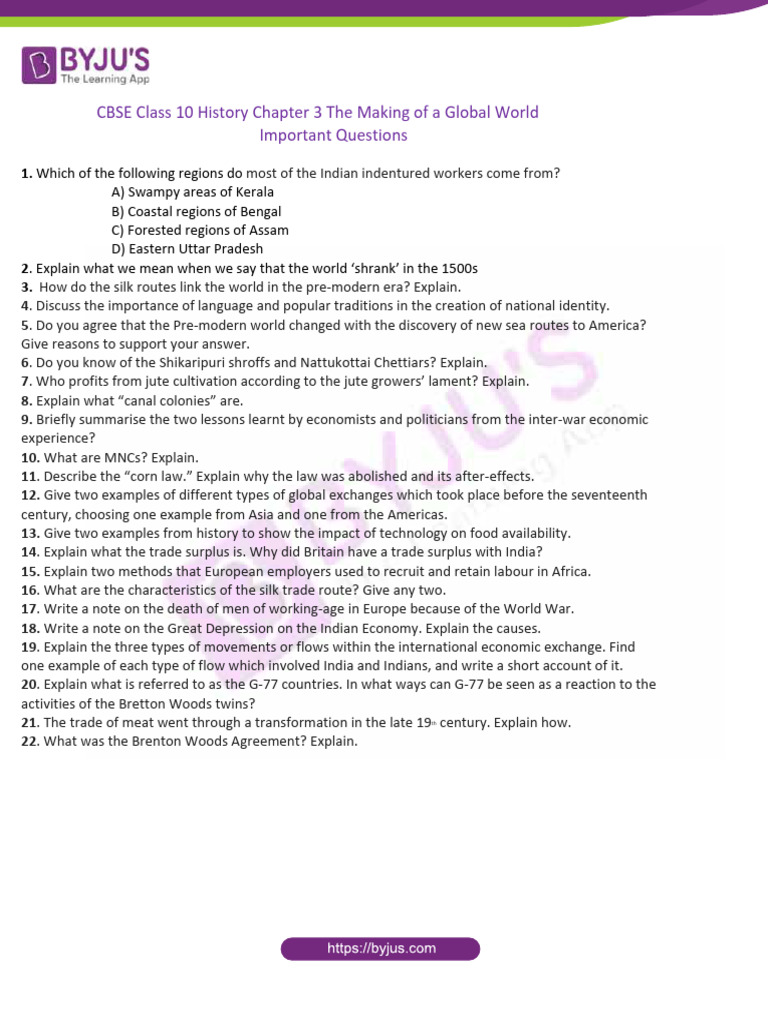 Important Questions: Global World History | PDF