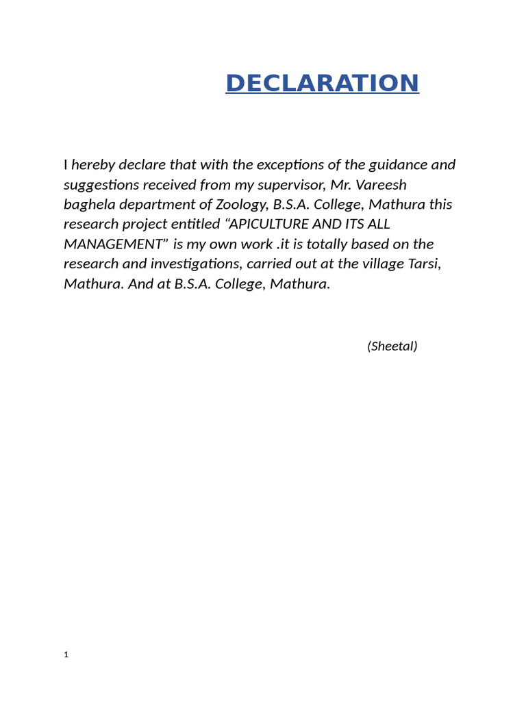 DECLARATION.sheetal apiculture | PDF | Honey Bee | Beekeeping