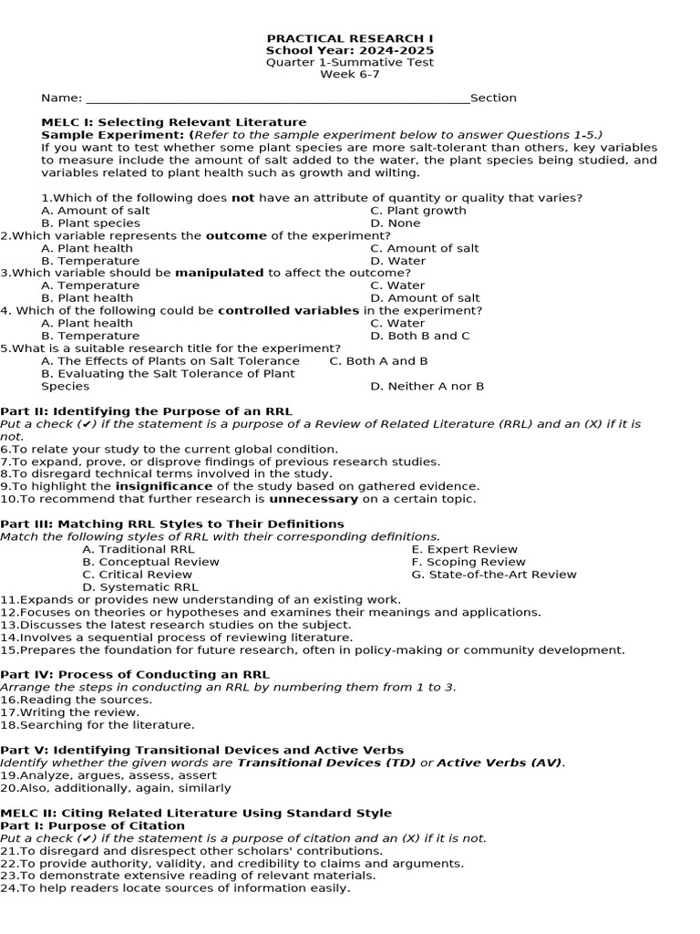 Practical Research I: Summative Test Guide | PDF | Citation | Experiment