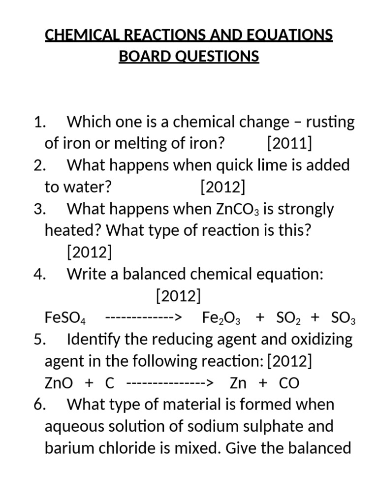 Pyq Class 10 Chemical Reactions and Equations | PDF | Chemical ...